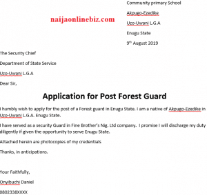Application for post of Security/Forest Guard (sample) - Naijaonlinebiz